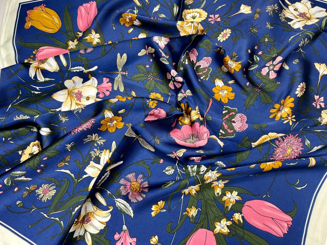 TIMELESS FLORAL - Navy Blue - Square Scarves - Silk Blend Head Neck ...
