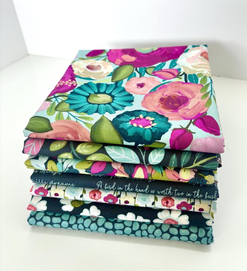 Fragrant Fields Fabric 7-piece Bundle: Teal Floral Prints, 1/2 Yard ...