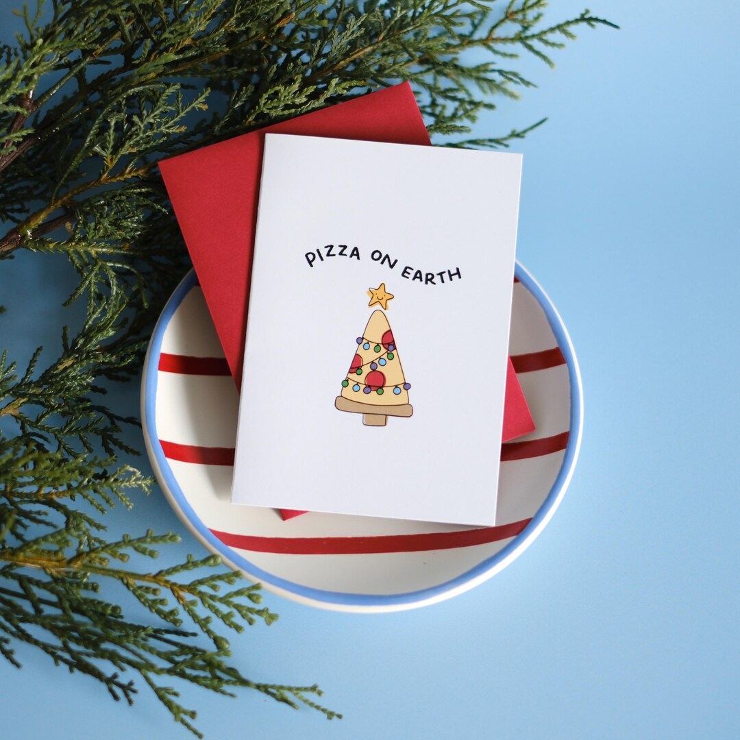 Christmas Card “pizza on Earth” FOLDED Greeting Card // Punny Card for ...