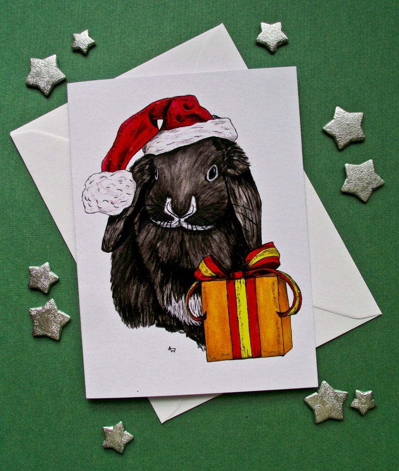 Bunny Rabbit With Present Christmas Card With Glitter - Etsy