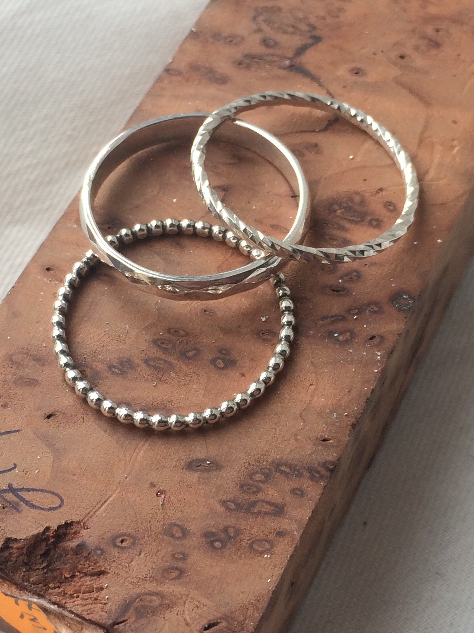 Sterling Silver Stacking Rings Bead Diamond Cut and Hammered | Etsy