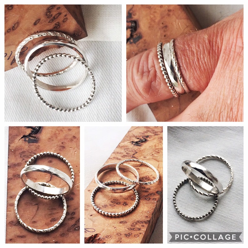 Sterling Silver Stacking Rings Bead Diamond Cut and Hammered - Etsy