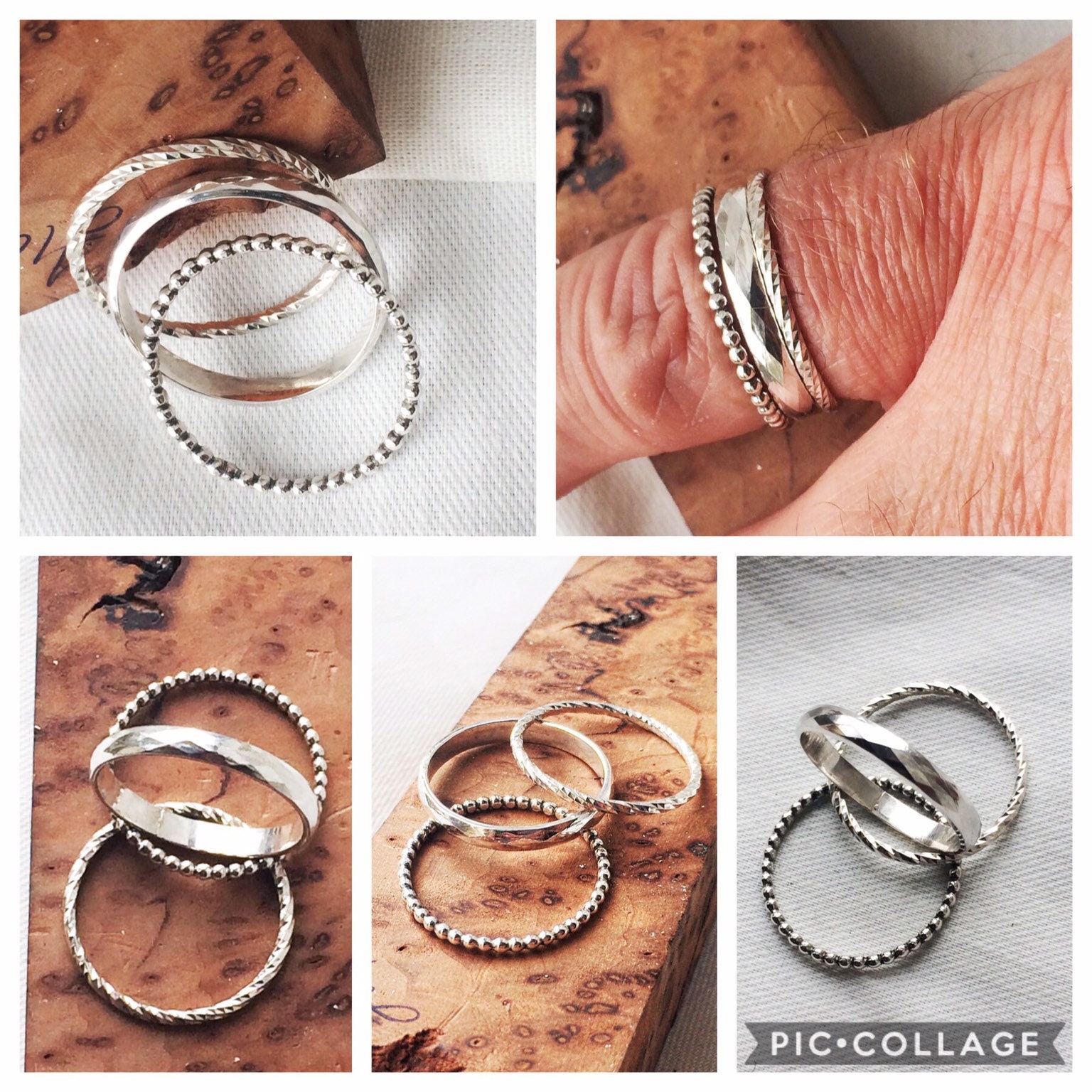 Sterling Silver Stacking Rings Bead Diamond Cut and Hammered | Etsy