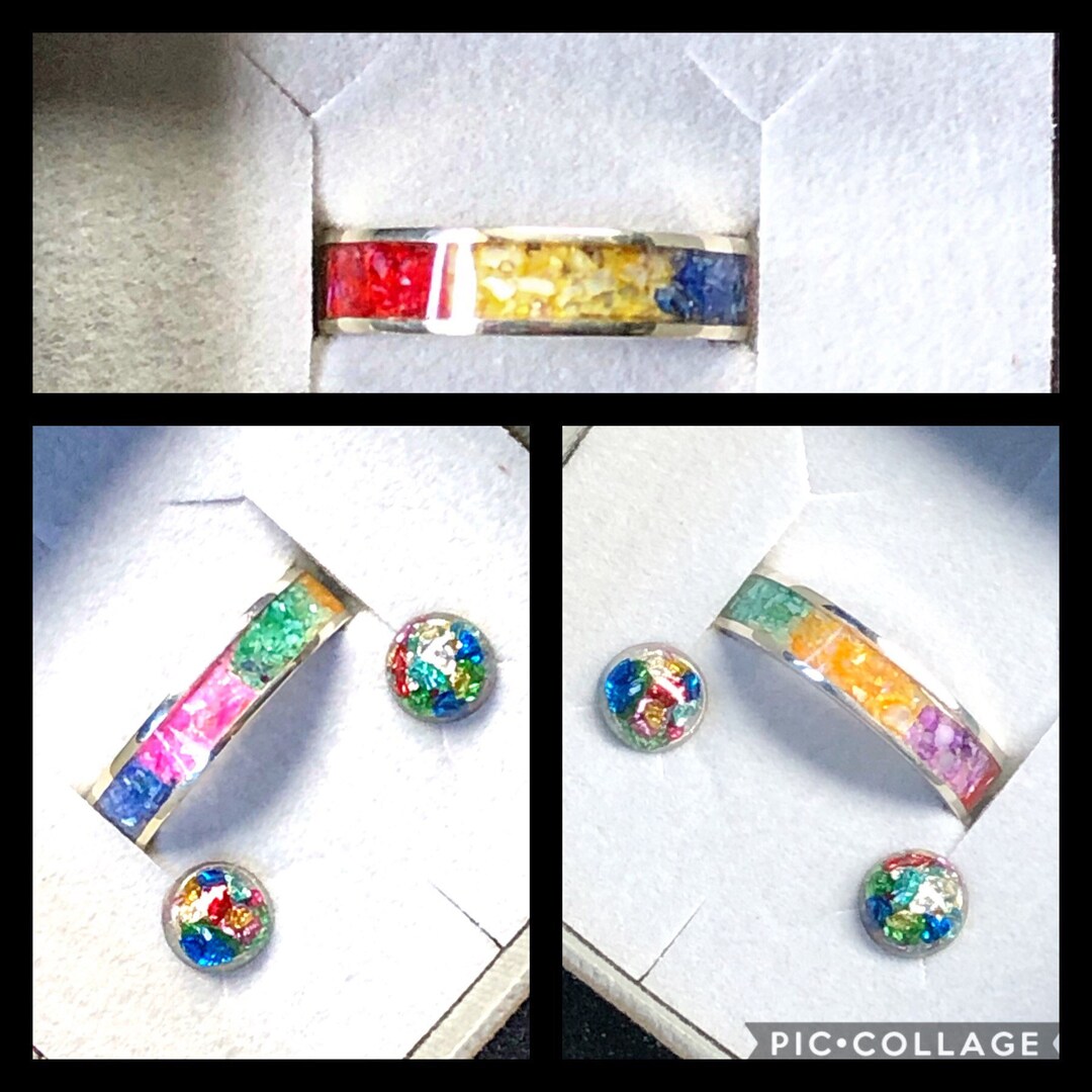 Sterling Silver Rainbow Seven Colour Shell Inlay Ring With Matching ...