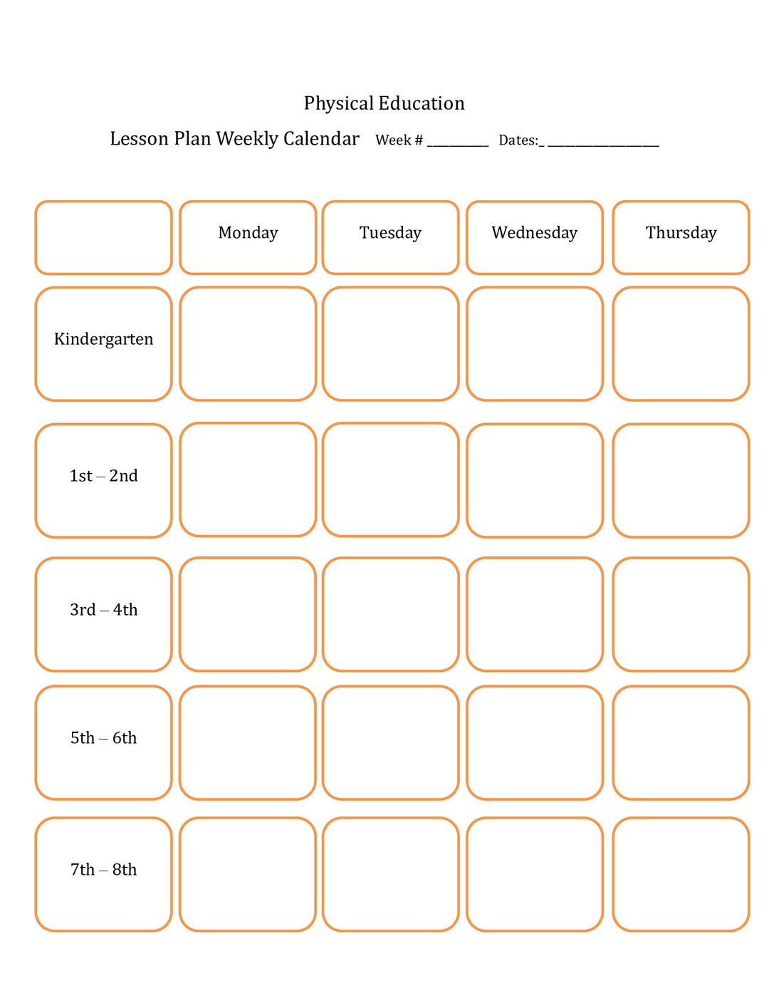 Physical Education Weekly Lesson Plan Calendar, Digital File, Instant ...