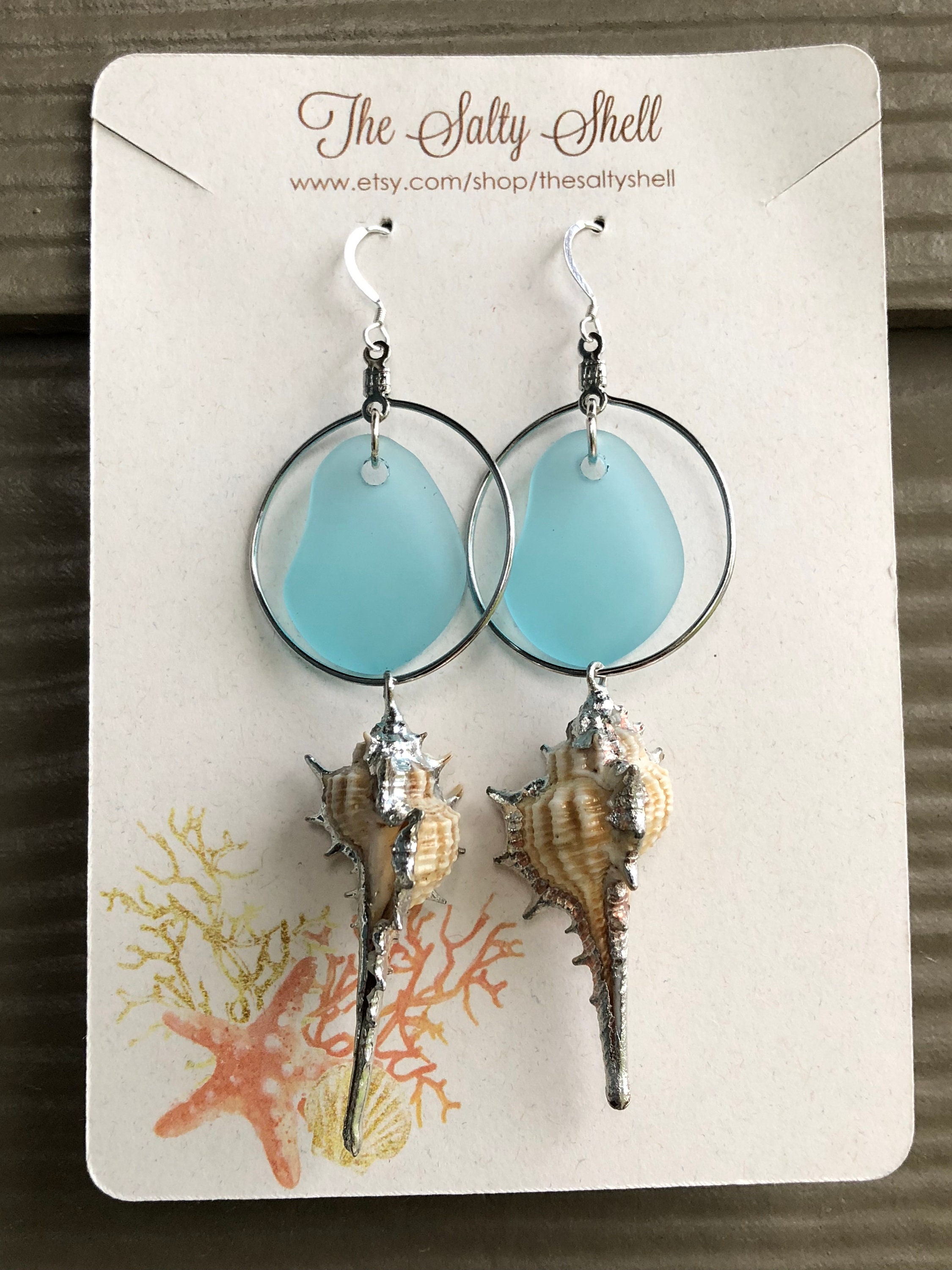 Sterling Silver Dangle Earrings Sea Glass Earrings Mermaid Jewelry Large Shell Earrings