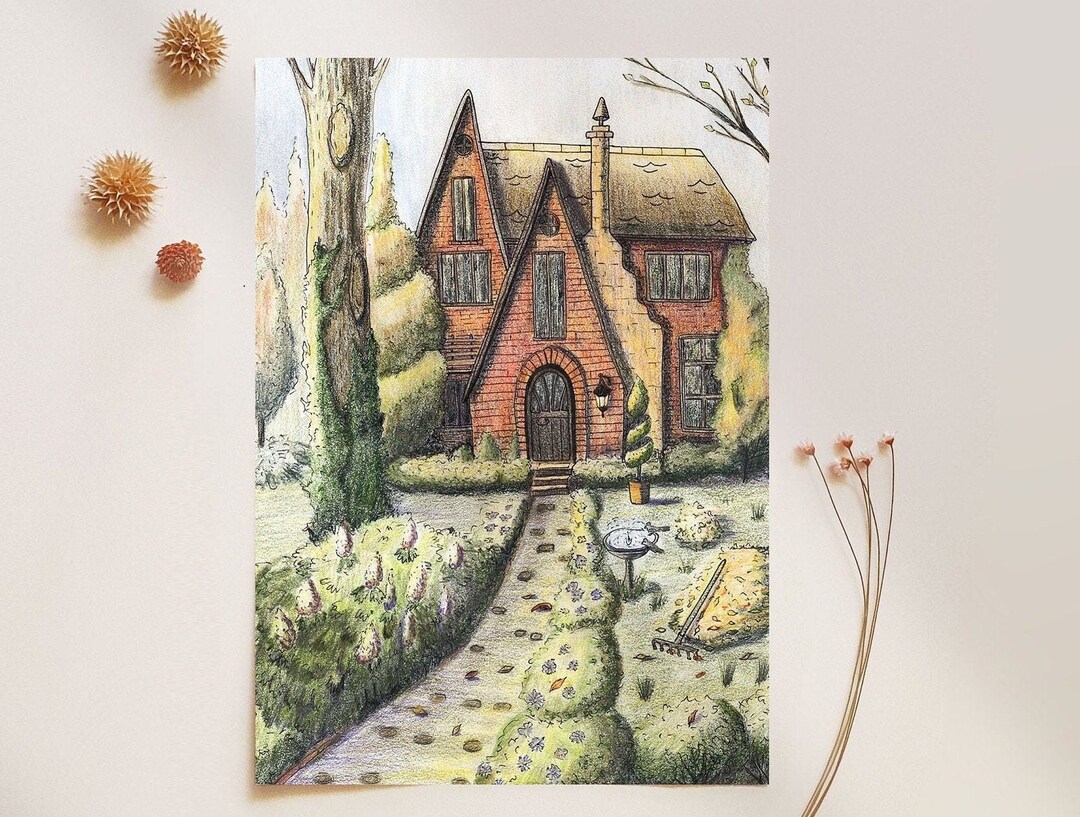 French Country Cottage Postcard, 4x6 Hand-drawn Art Print, Rustic Home ...