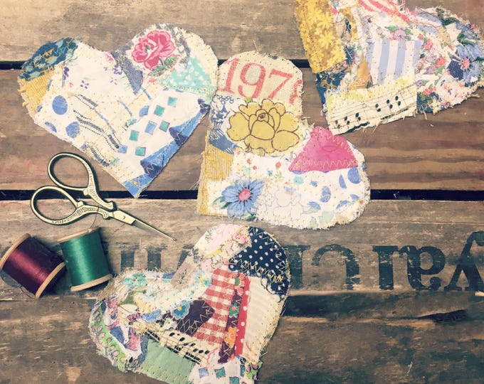 Heart Fabric Collage, Set of 4, Heart Patches, Fabric Snippets, Junk ...
