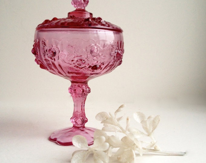 Fenton COLONIAL PINK ROSE Compote, Art Glass Pedestal Footed Candy Dish ...
