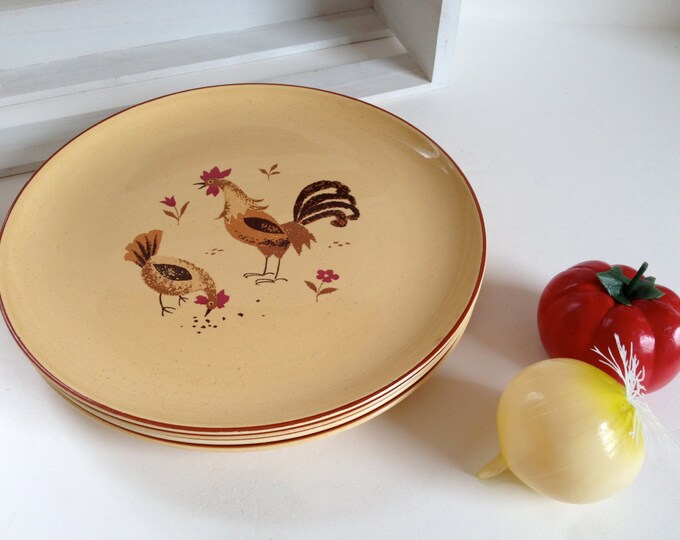 4 HONEY HEN Dinner Plates, Harmony House Yellow Speckled China, Rooster ...