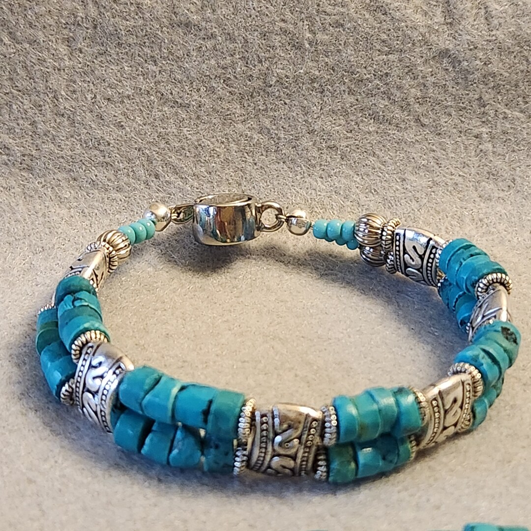 Turquoise Bracelets With Decorative Silver Beads - Etsy