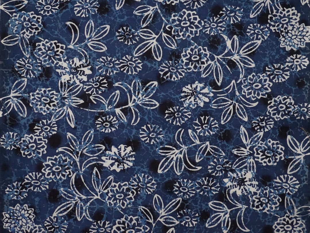Vintage Japanese Kimono Fabric - Indigo Roketsuzome Floral Cotton ...