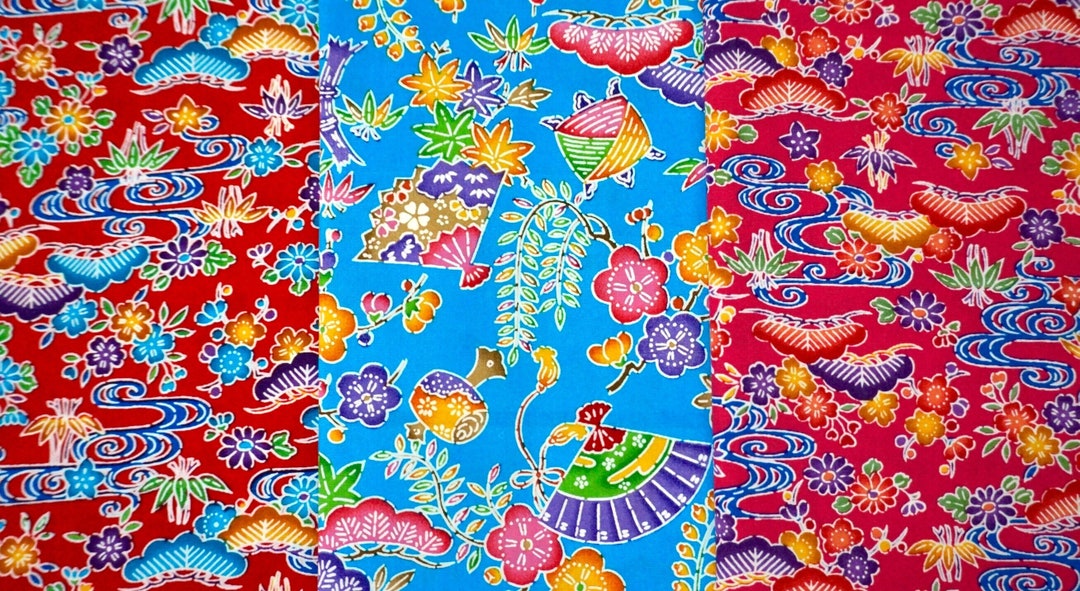 Japanese Kimono Fabric Set of 3 Okinawa Bingata Sho Chiku Bai Printed ...