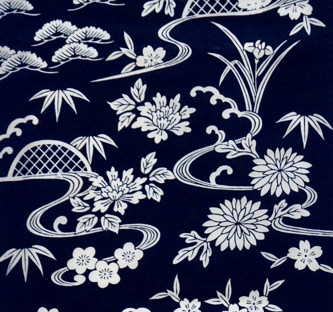 Vintage Japanese Kimono Fabric - Chikusen.竺仙 Hana Ryusui Cotton Yukata ...