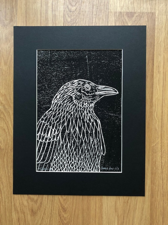Crow Original Lino Cut Print Mounted Ready to Frame 14 X | Etsy