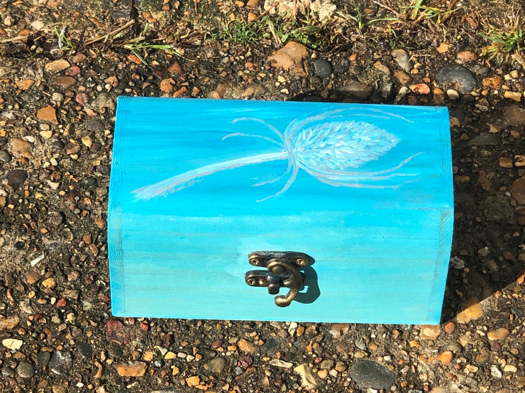 Hand Painted Teasel Keepsake Box, Turquoise Acrylic Inks - Etsy
