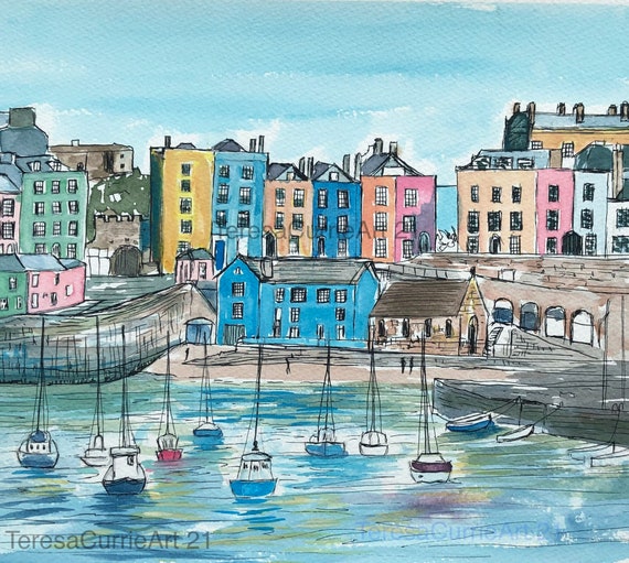Tenby Harbour Original Ink and Watercolour Painting Unframed - Etsy