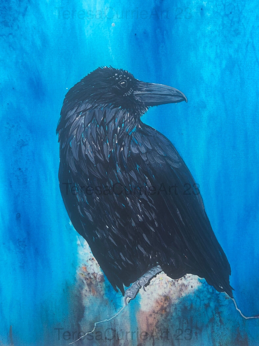 Raven Painting, Mixed Media Wall Art, Turquoise Blue, 16x12" - Etsy