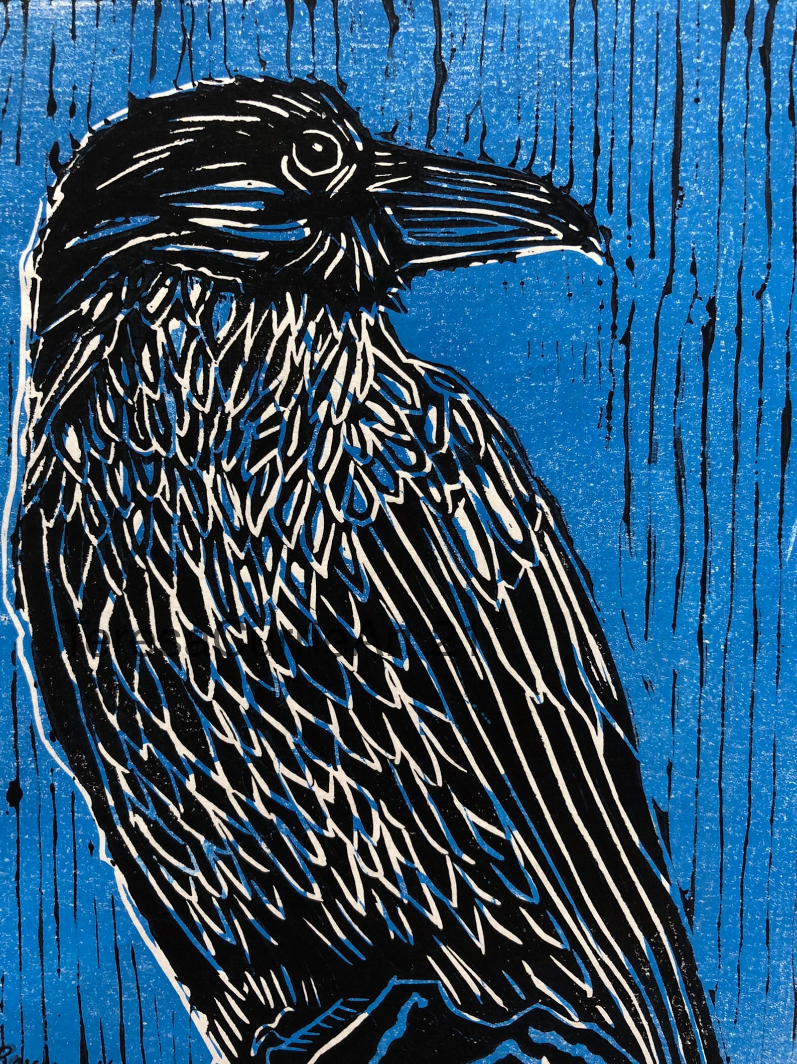 Raven unique original Linocut print mounted ready to frame | Etsy