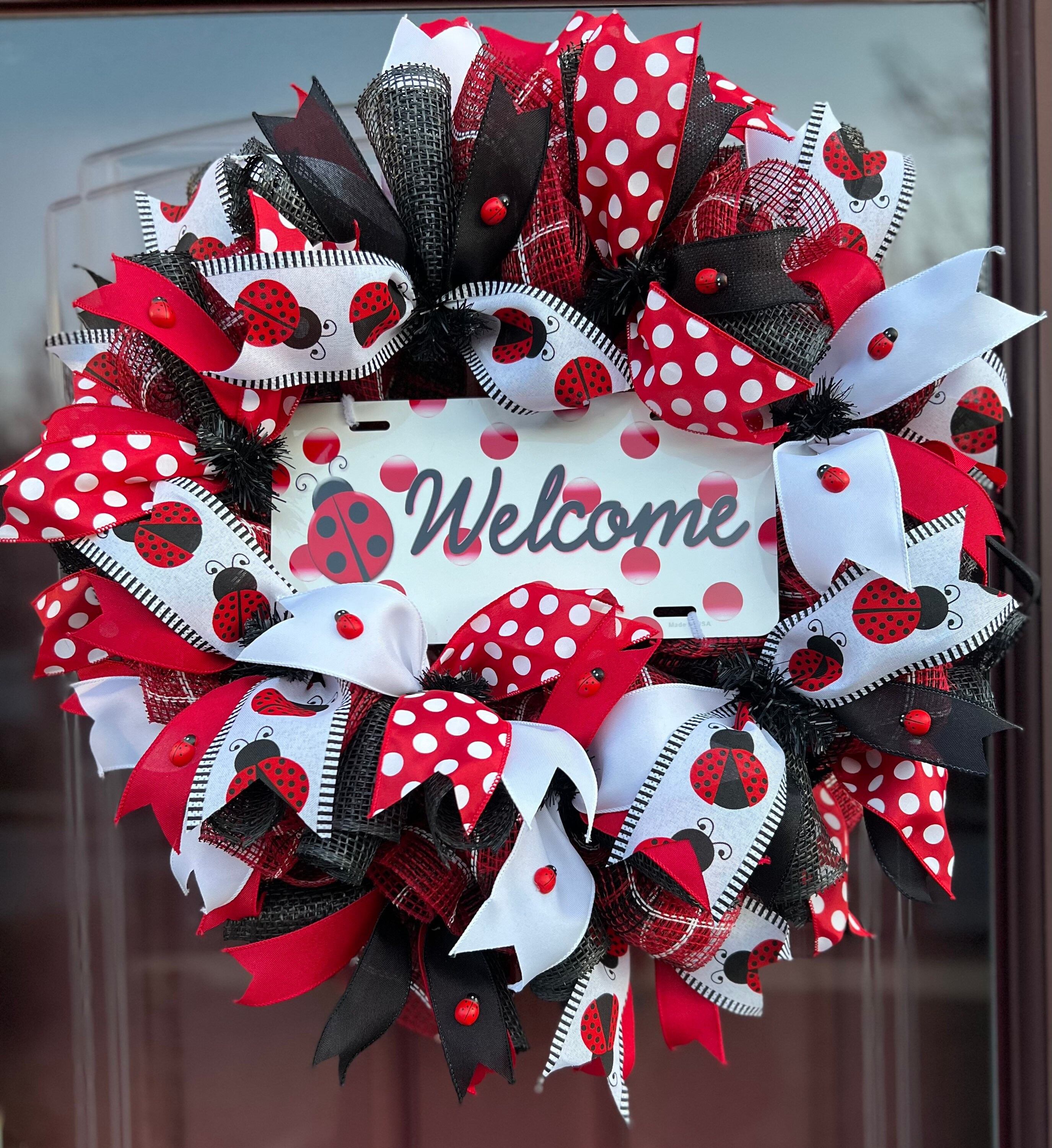 Lady Bug Poly Burlap Deco Mesh Welcome Wreath - Etsy