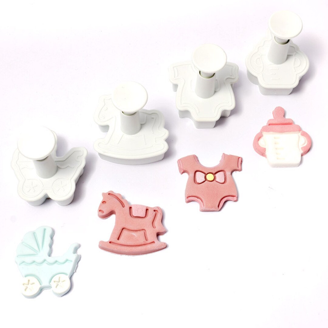 Fondant Cutter Plunger Set 4pcs Baby Shower Pram Rocking Horse Bottle ...