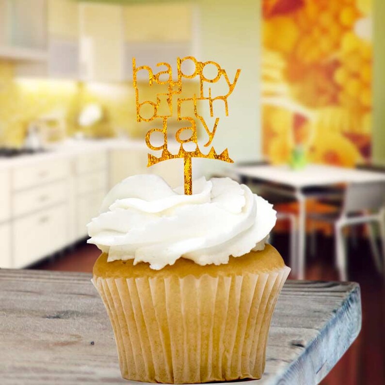 Gold Glitter Happy Birthday Cupcake Toppers X8 Baking Pick - Etsy