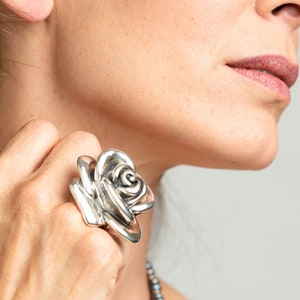 Big Rose Flower Ring for Women, Large Silver Flower Ring - Etsy