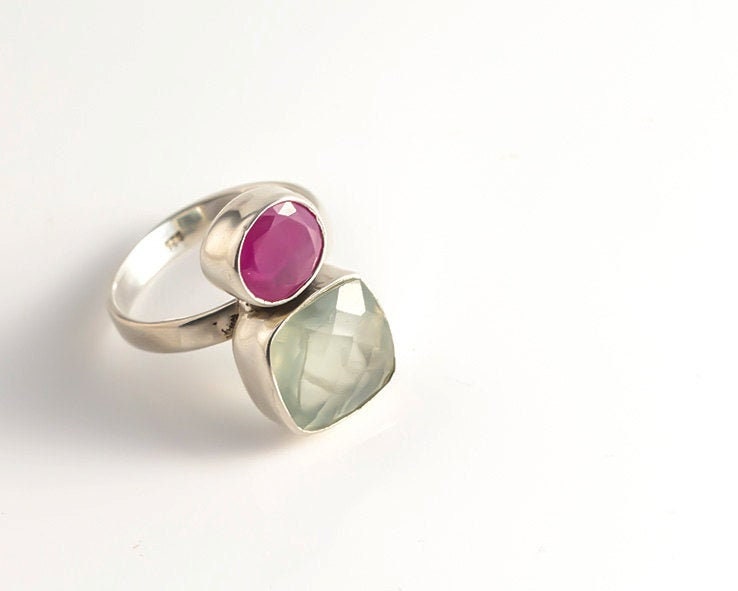Pink Ruby and Green Amethyst Ring 925 Sterling Silver Ring | Etsy