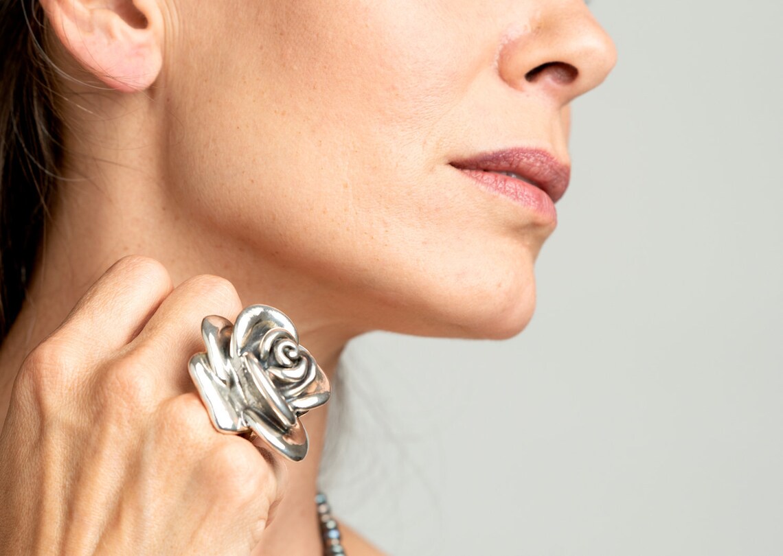 Big Rose Flower Ring for Women Large Silver Flower Ring - Etsy