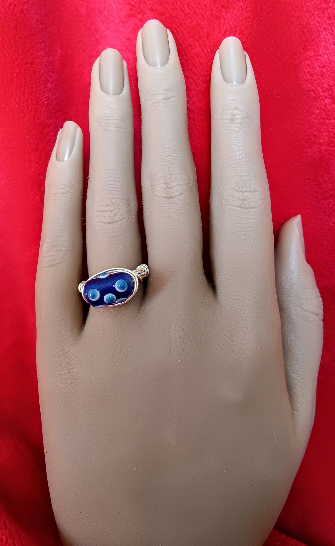 Unique Deep Blue Bead With Bumps of Light Blue and White Circles. Ring ...