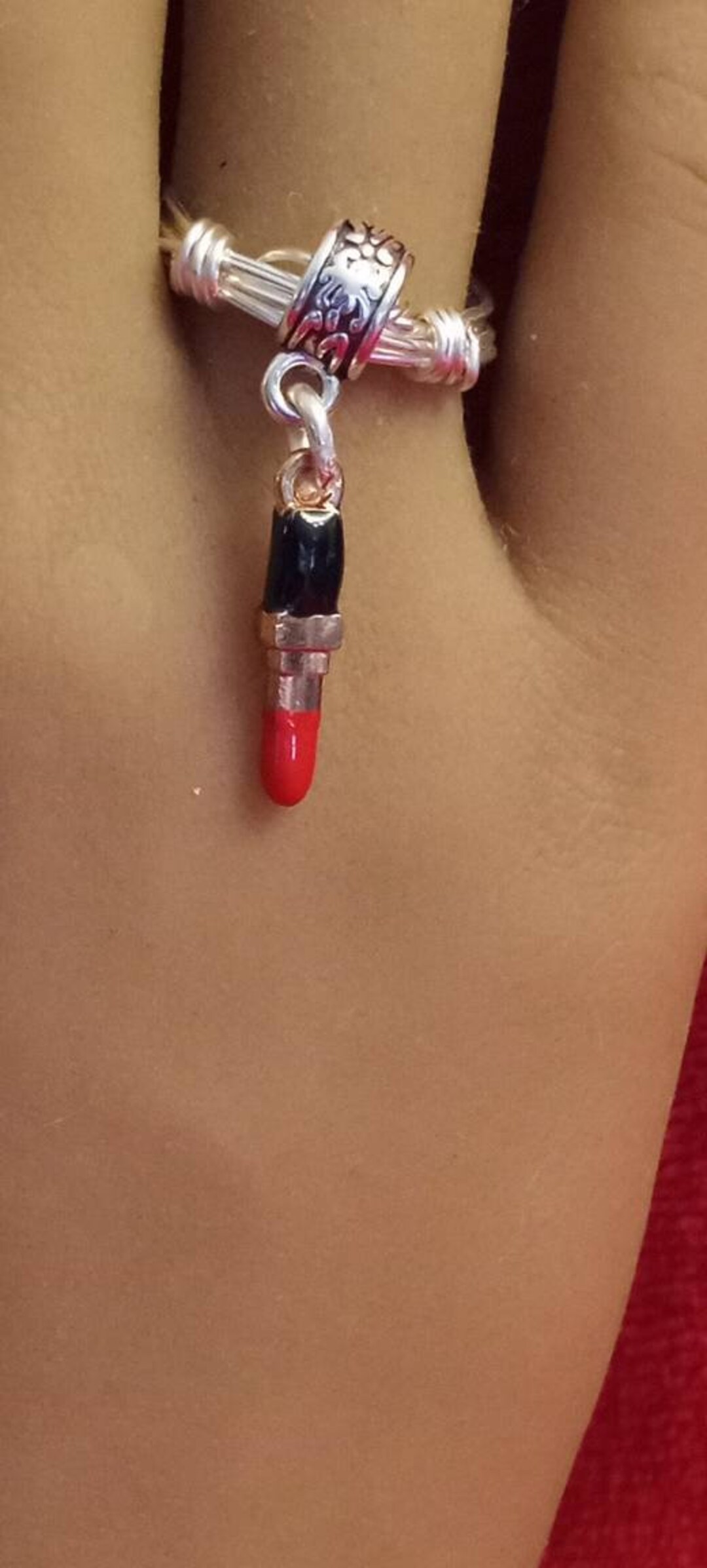 Cute Trendy Red Lipstick Charm Ring. Dainty Lipstick Charm Dangles on ...