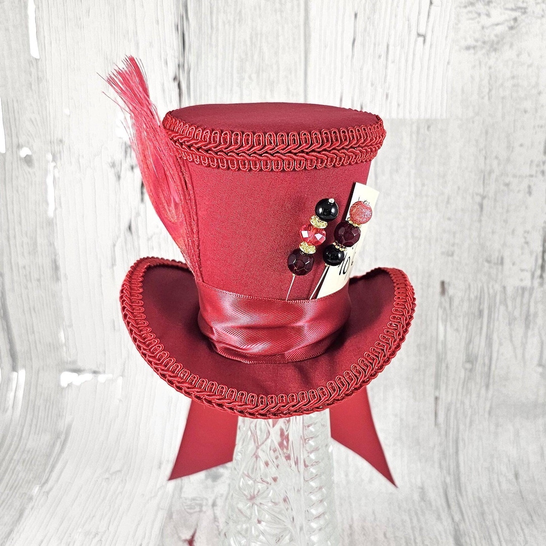 Red on Red Mad Hatter Style Medium Mini Top Hat Fascinator, Alice in ...