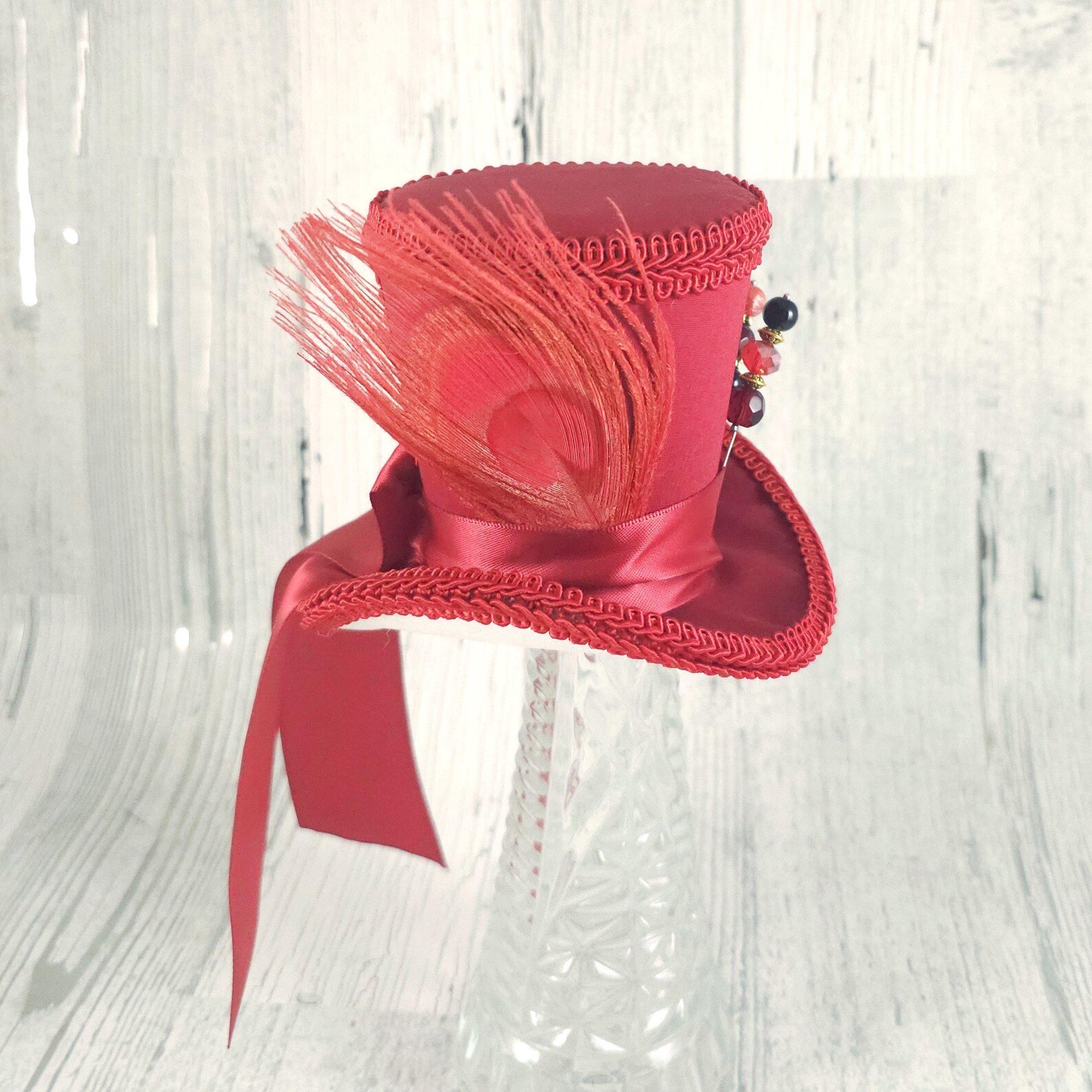 Red on Red Mad Hatter Style Medium Mini Top Hat Fascinator, Alice in ...