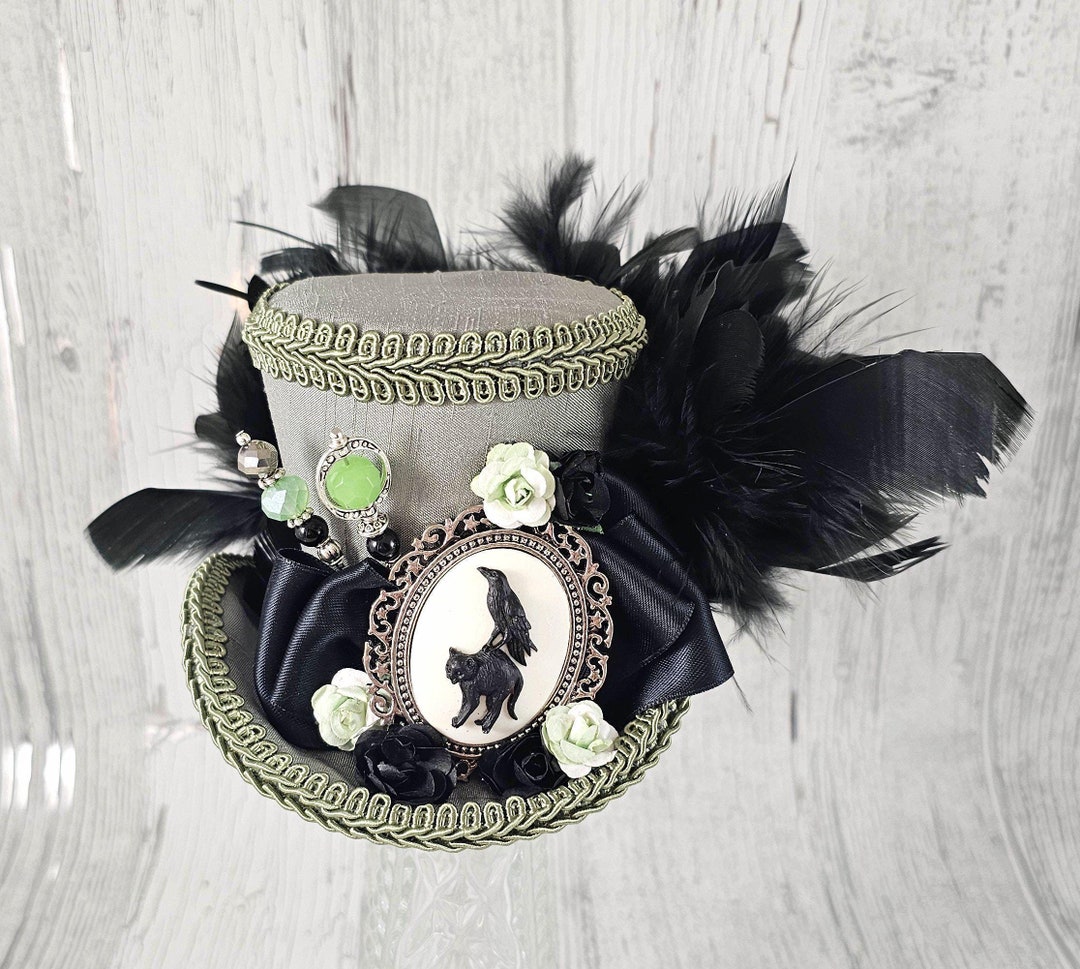 Moss Green and Black Raven and Cat Cameo Medium Mini Top Hat Fascinator ...