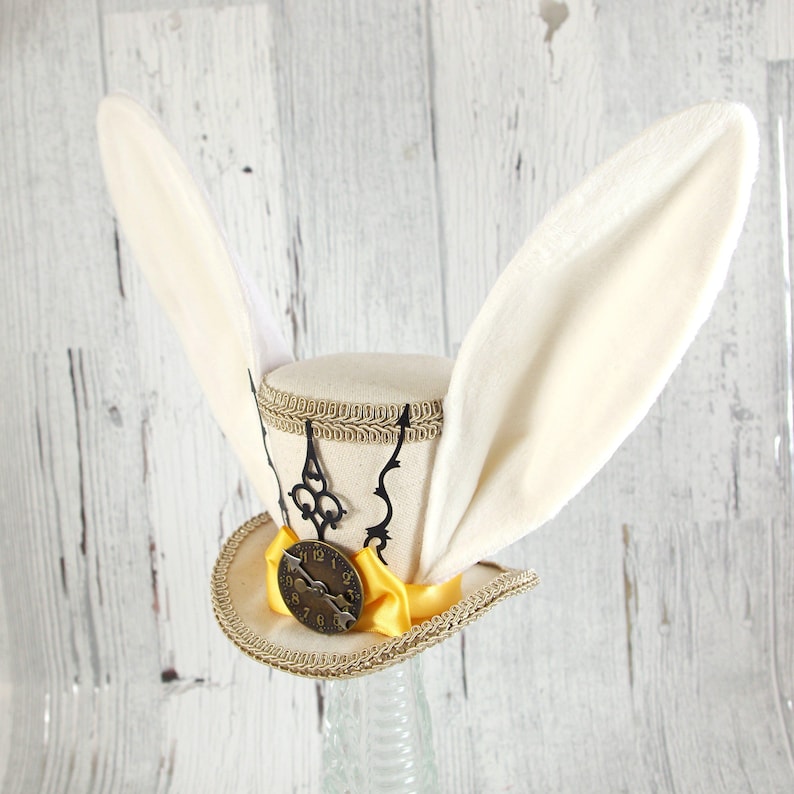White Rabbit - Rabbit Eared Beige Steampunk Medium Mini Top Hat ...