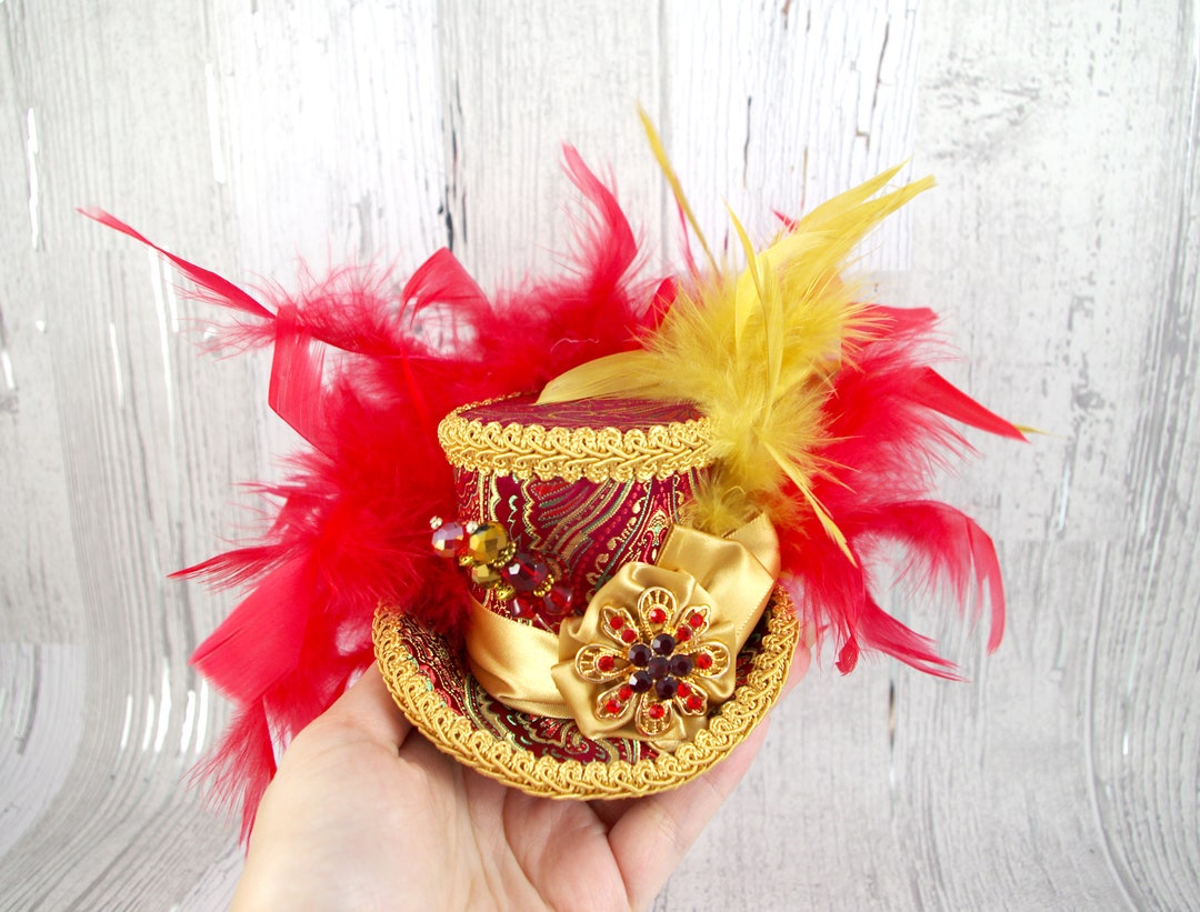 Red Adn Gold Damask Rosette Small Mini Top Hat Fascinator, Alice in ...