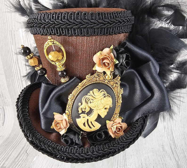Brown and Black Skeleton Lady Cameo Medium Mini Top Hat Fascinator ...