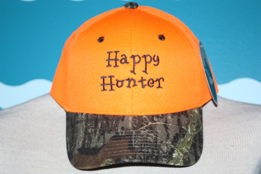 Blaze Orange Baseball Cap - Happy Hunter Ball Cap - Camo Brim Hat for ...