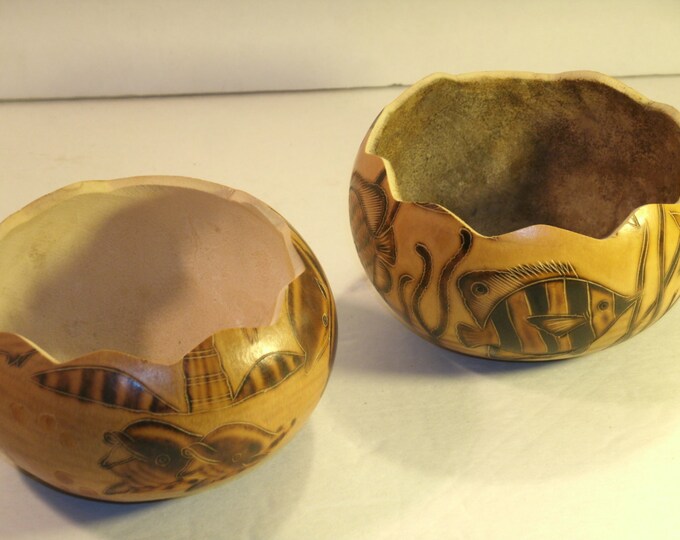 Pair Gourd Bowls Handmade Dolphin Fish Marine Water Art Scenes - Etsy