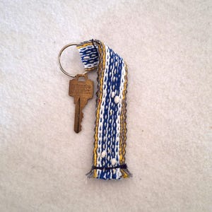 Boho Woven Keychain in Blue Yellow White Sturdy Cotton, Handwoven Inkle ...