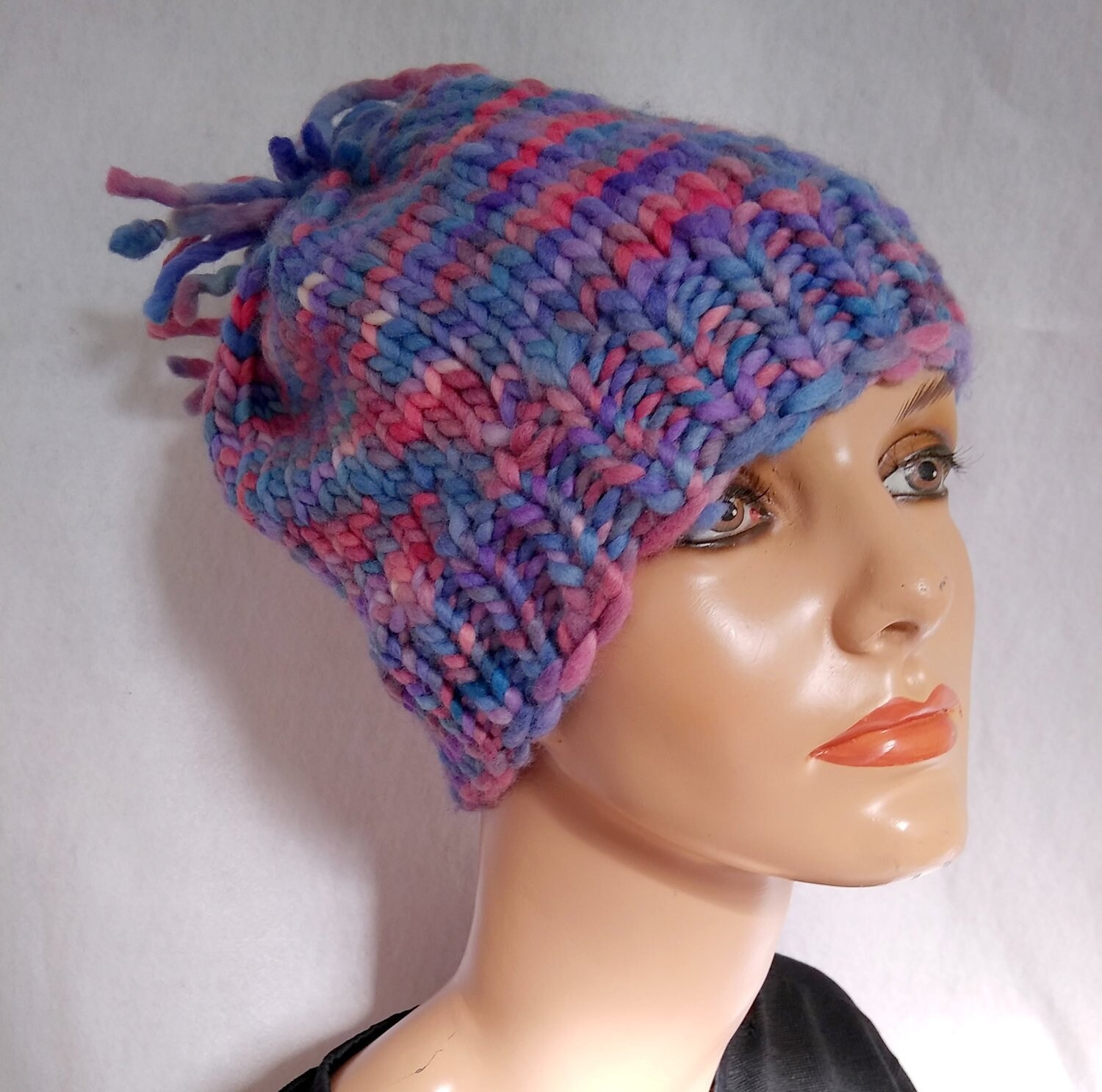 multicolor knit hat with extravagant tassle hand-crafted from chunky ...