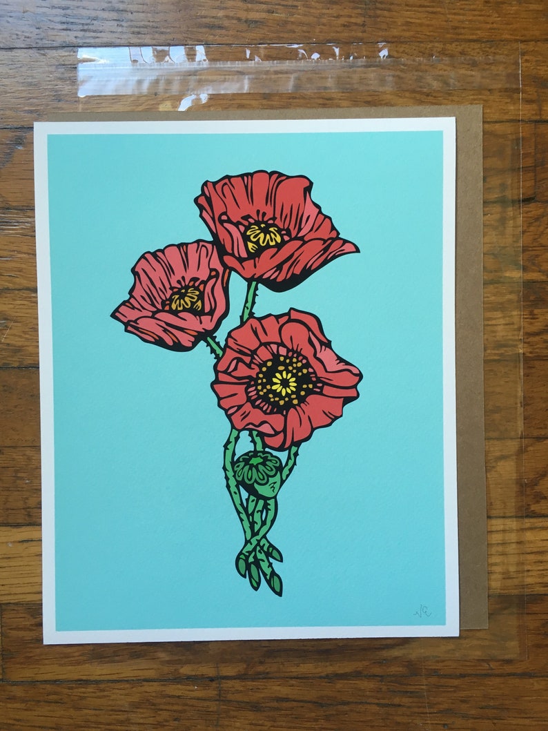 Red Poppies Print, A Trio of Poppy Flowers 8x10in on Cold Press ...
