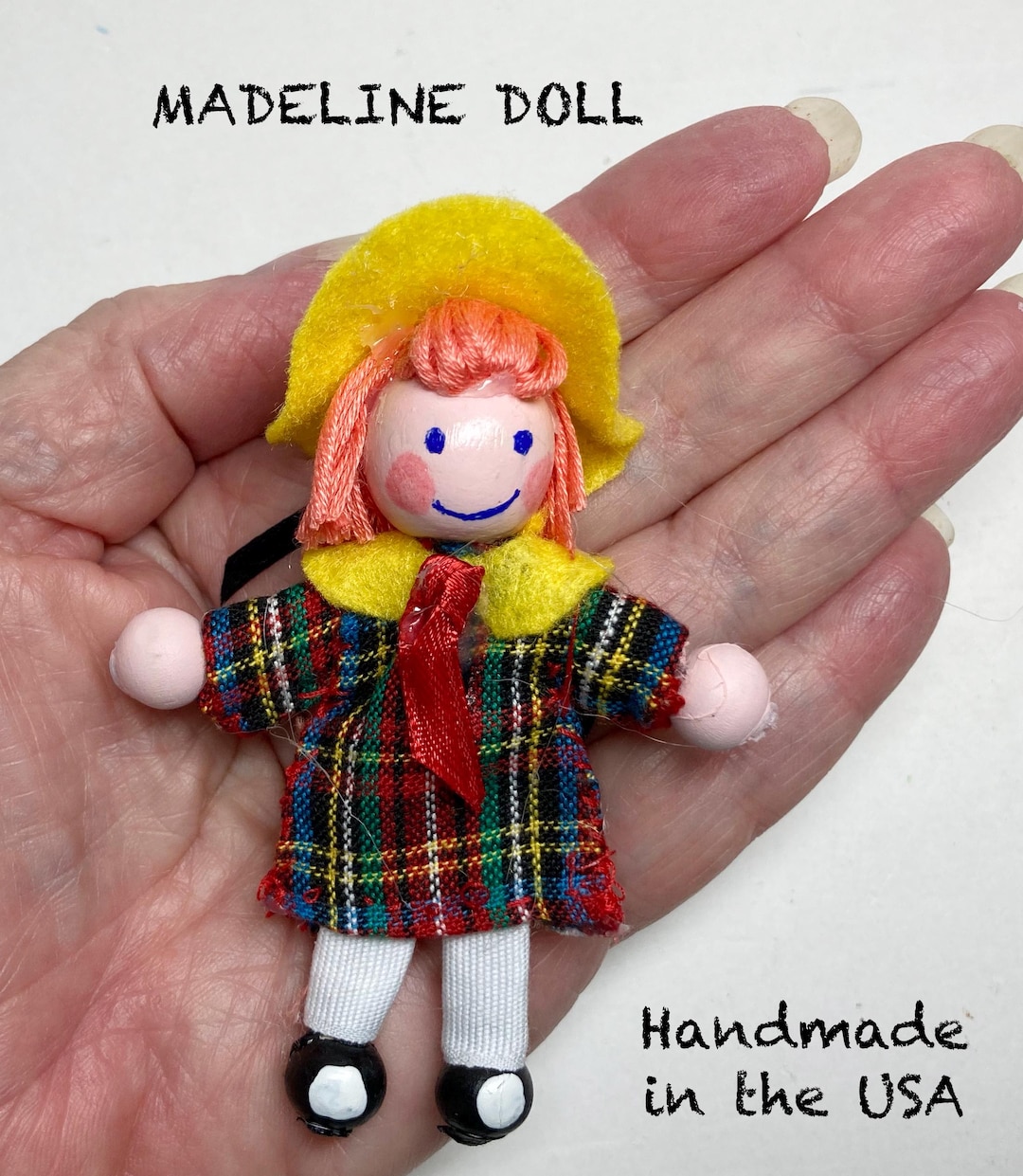 Madeline Tiny Doll, 3" Tall, Yellow Hat, Plaid Dress, Bendable ...