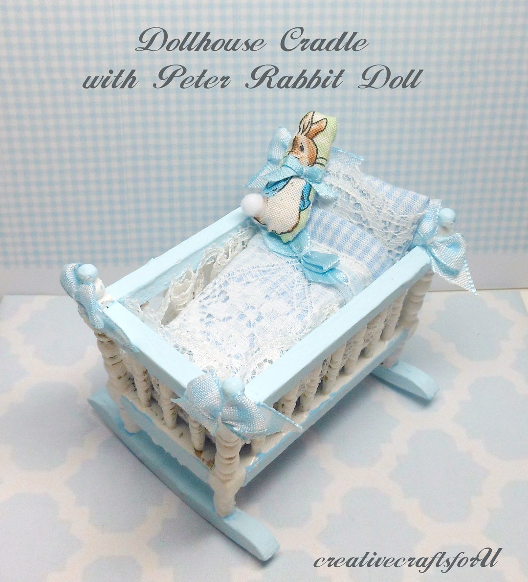 Dollhouse Baby Cradle, Wood Cradle, With Peter Rabbit Doll, Baby Blue ...