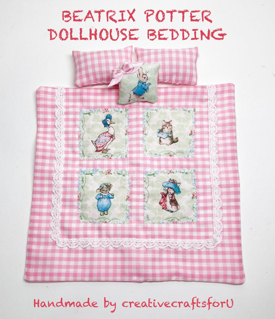 Beatrix Potter Dollhouse Quilt, 3 Pillows, Peter Rabbit, Benjamin Bunny ...
