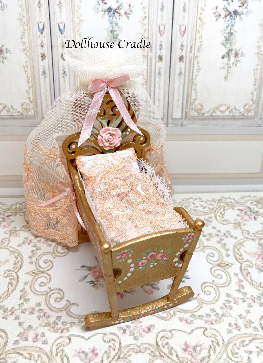 Dollhouse Cradle, Embroidered Canopy, French Lace, Hand Painted, Wood ...