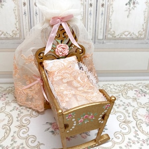 Dollhouse Cradle, Embroidered Canopy, French Lace, Hand Painted, Wood ...