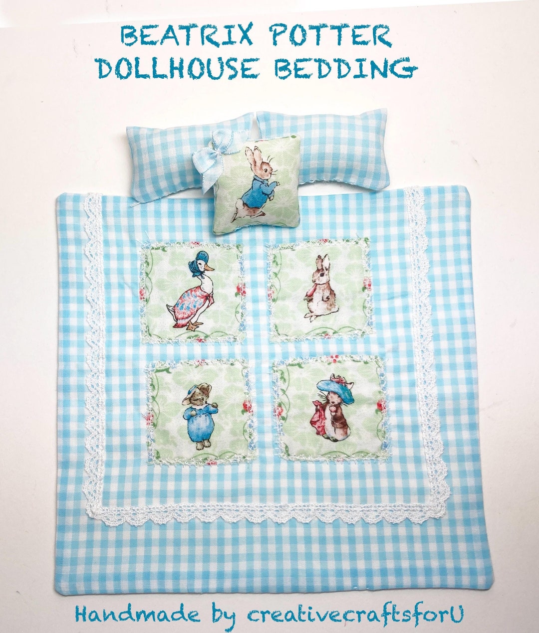 Beatrix Potter Dollhouse Quilt, 3 Pillows, Peter Rabbit, Benjamin Bunny ...