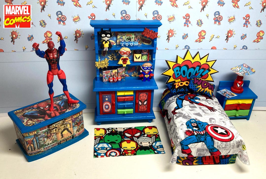 Marvel Comics Dollhouse Super Hero Bedroom Set, Bed, Night Table, Lamp ...