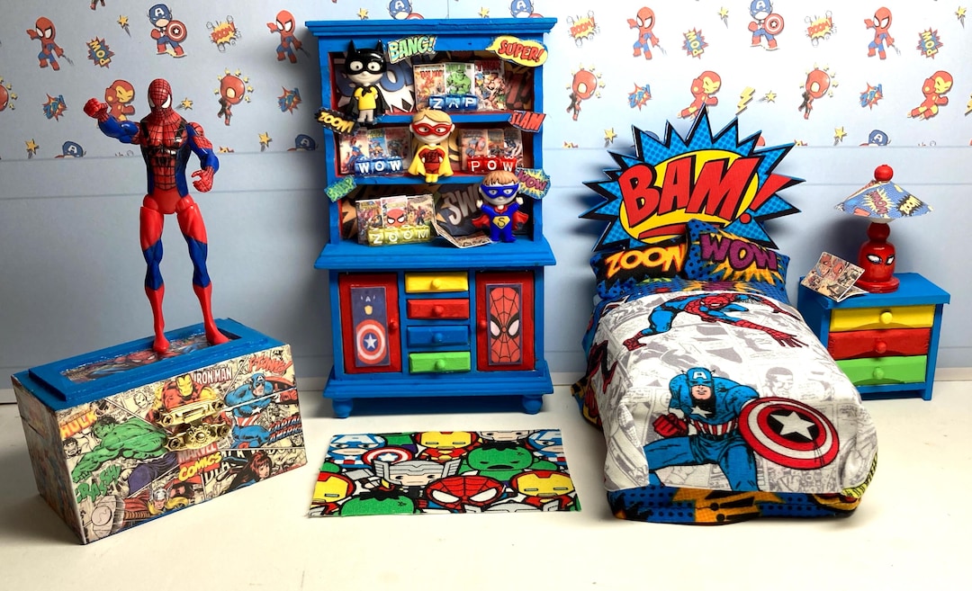 Marvel Comics Dollhouse Super Hero Bedroom Set, Bed, Night Table, Lamp ...